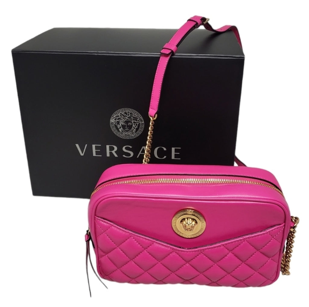 Versace Pink Leather Quilted La Medusa Medium Camera Bag New with Box ...